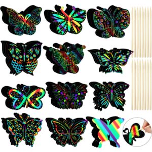 sratte 48 pcs butterfly scratch cards for kids rainbow spring scratch crafts 12 styles scratch off butterfly party favors for diy crafts home decoration art project games, bamboo stylus included