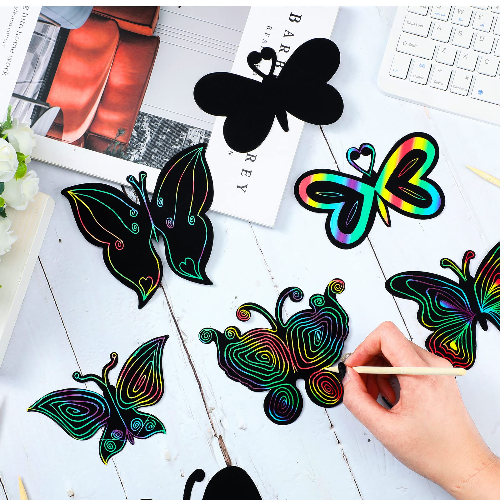 Sratte 48 Pcs Butterfly Scratch Cards for Kids Rainbow Spring Scratch Crafts 12 Styles Scratch Off Butterfly Party Favors for DIY Crafts Home Decoration Art Project Games, Bamboo Stylus Included