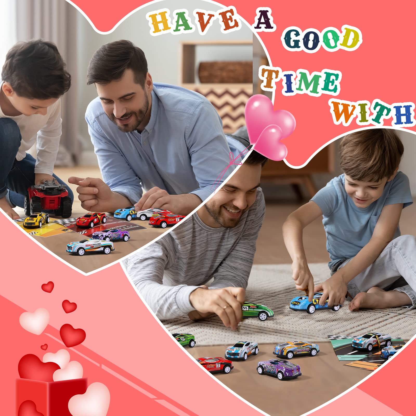 32 Pack Valentine's Day Gifts Cards with Die Cast Toy Cars Assorted Mini Pull Back Racing Plastic Vehicle Bulk for Kid School Classroom Exchange Party Favor Goodies Supplies Decor