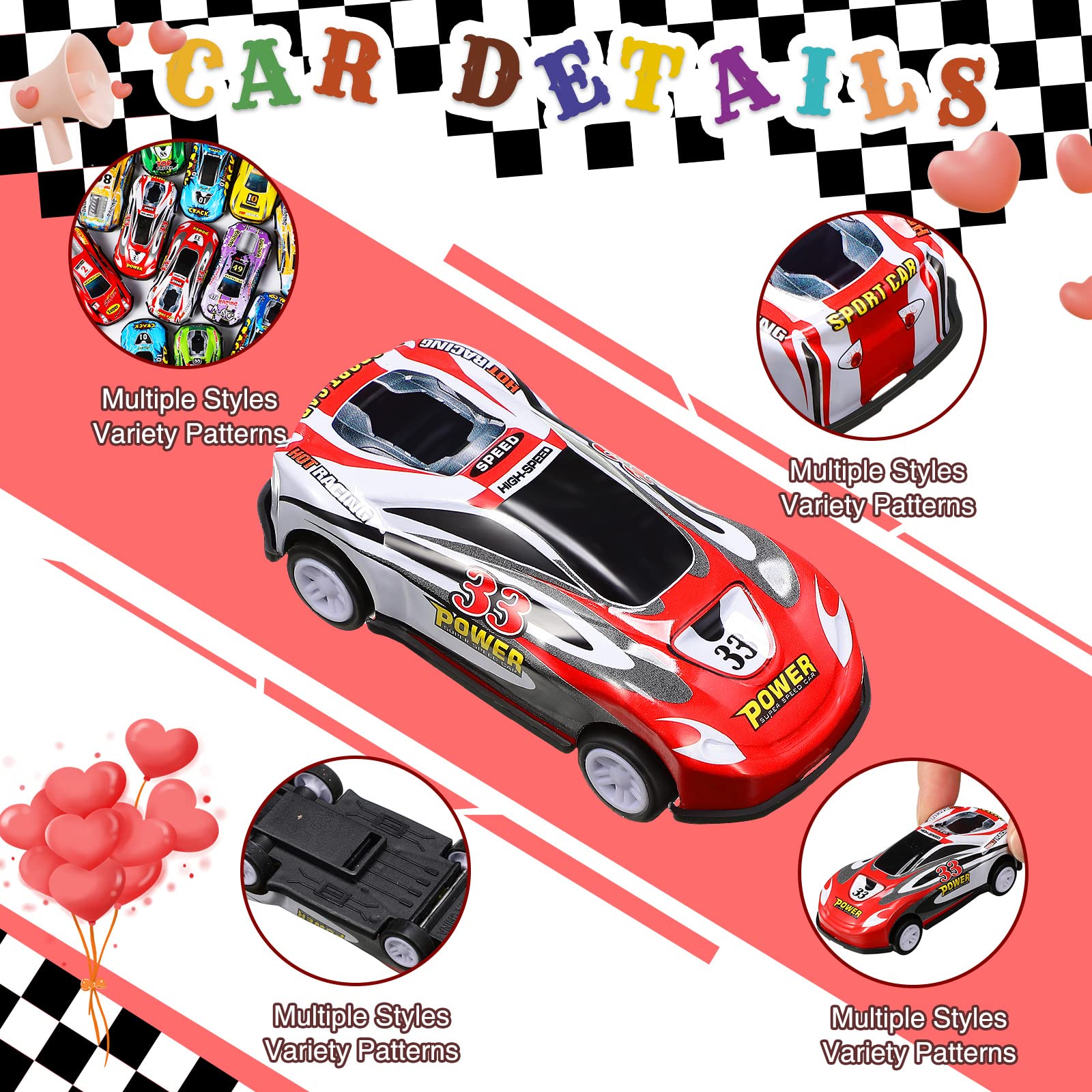 32 Pack Valentine's Day Gifts Cards with Die Cast Toy Cars Assorted Mini Pull Back Racing Plastic Vehicle Bulk for Kid School Classroom Exchange Party Favor Goodies Supplies Decor