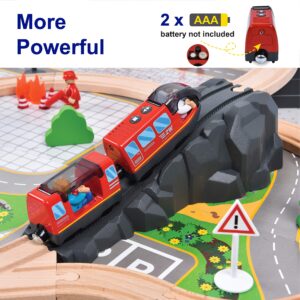 72PCS Wooden Fire Station Train Sets+2PCS Battery Operated Action Locomotive-Fits Thomas, Brio, IKEA, Melissa