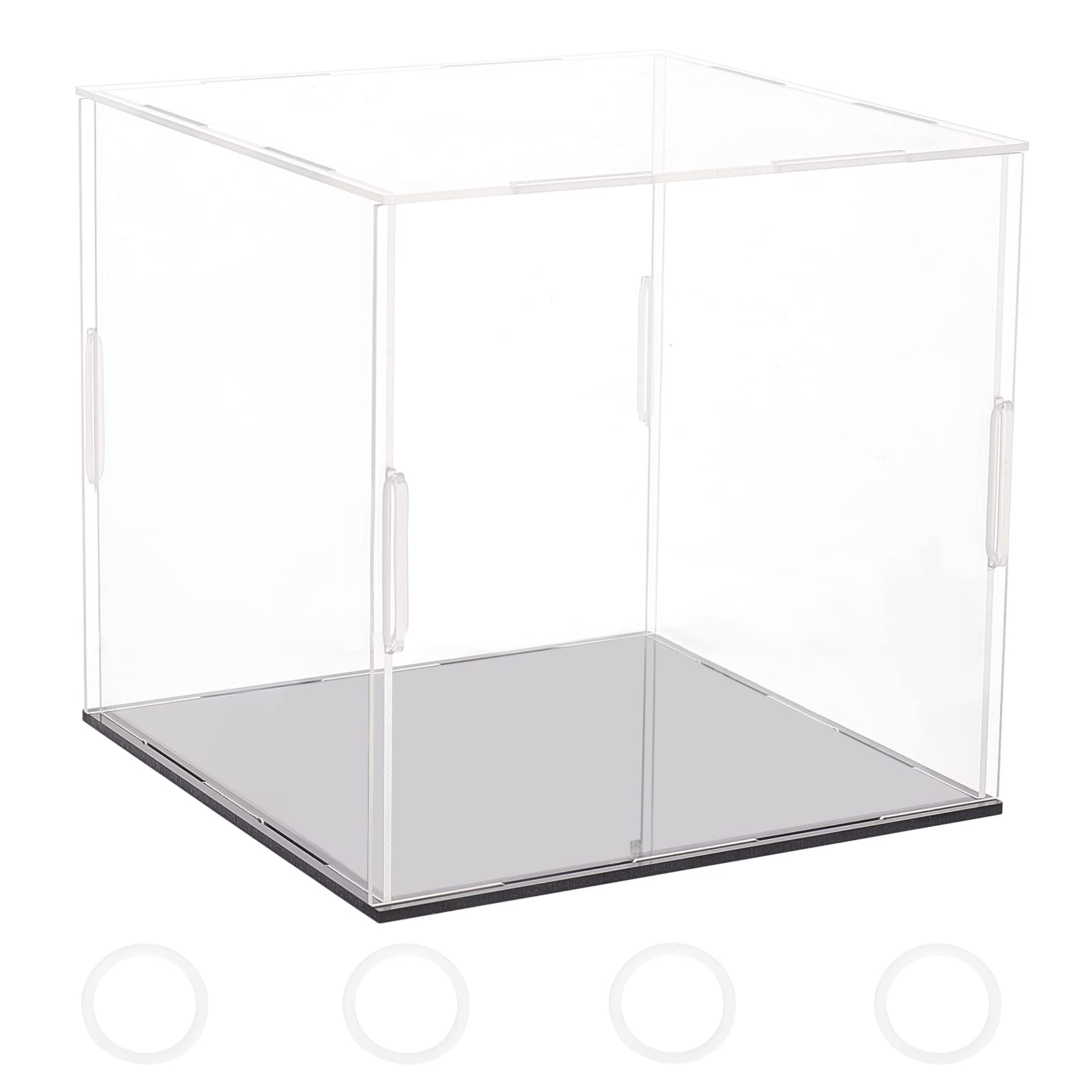 FINGERINSPIRE Clear Acrylic Display Case with Black Base & 4 Pcs Rubber Rings 6x6x6 Inch Cube Clear Self-Assembly Acrylic Box Dustproof Protection Showcase for Action Figures Collectibles Toys