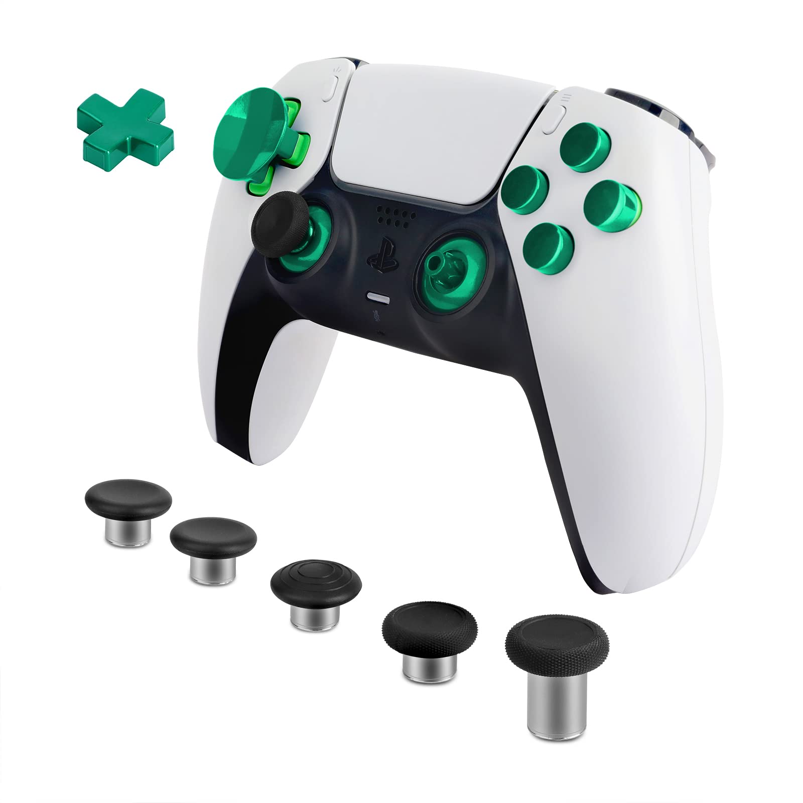 Magnetic Metal Buttons Accessories for PS4 PS5 Controller, Adjustable Height Thumbticks Replacement Parts for PS4 & PS5 controller,Includes Magnetic Base, Joysticks,Actinon Buttons & Dpad(Green)