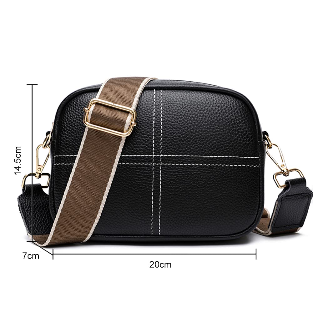 Camera Crossbody Bag for Women Genuine Leather Wide Strap Shoulder Bag Purse Trendy Design Camera Purse Crossbody Top Zip