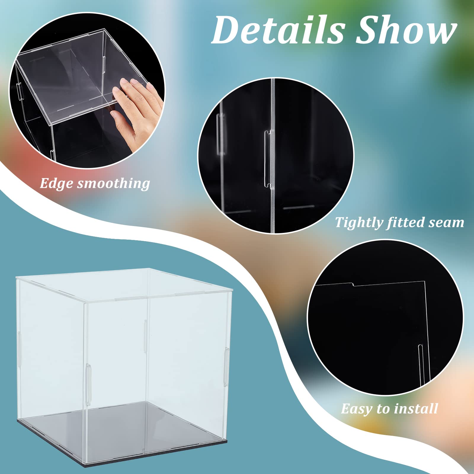 FINGERINSPIRE Clear Acrylic Display Case with Black Base & 4 Pcs Rubber Rings 6x6x6 Inch Cube Clear Self-Assembly Acrylic Box Dustproof Protection Showcase for Action Figures Collectibles Toys