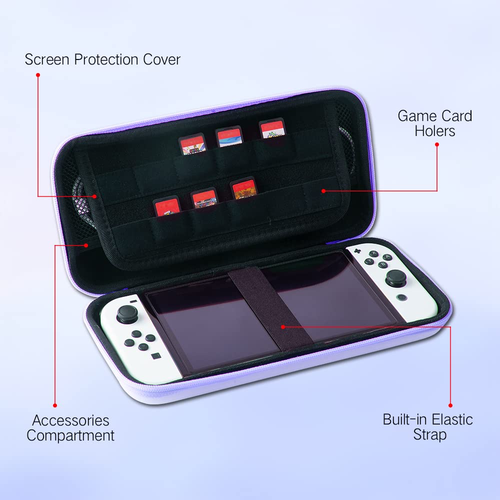 PERFECTSIGHT Cute Switch Carrying Case for Nintendo Switch OLED, Kawaii Hard Shell Portable Travel Carry Case with 12 Game Card Slots, Inner Protective Storage Bag for NS Console & Accessories, Purple