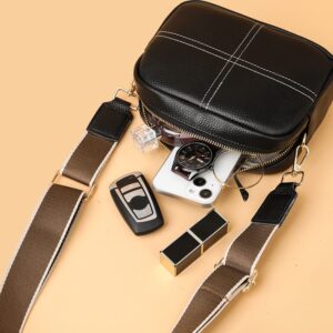 Camera Crossbody Bag for Women Genuine Leather Wide Strap Shoulder Bag Purse Trendy Design Camera Purse Crossbody Top Zip