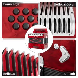 31-Key Diatonic Accordion, 12 Bass, G/C/F, Accordion Instruments for Adults With Suitcase, Cleaning Cloth, Straps and Gloves (Red)