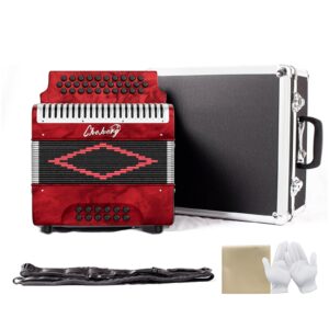 31-Key Diatonic Accordion, 12 Bass, G/C/F, Accordion Instruments for Adults With Suitcase, Cleaning Cloth, Straps and Gloves (Red)