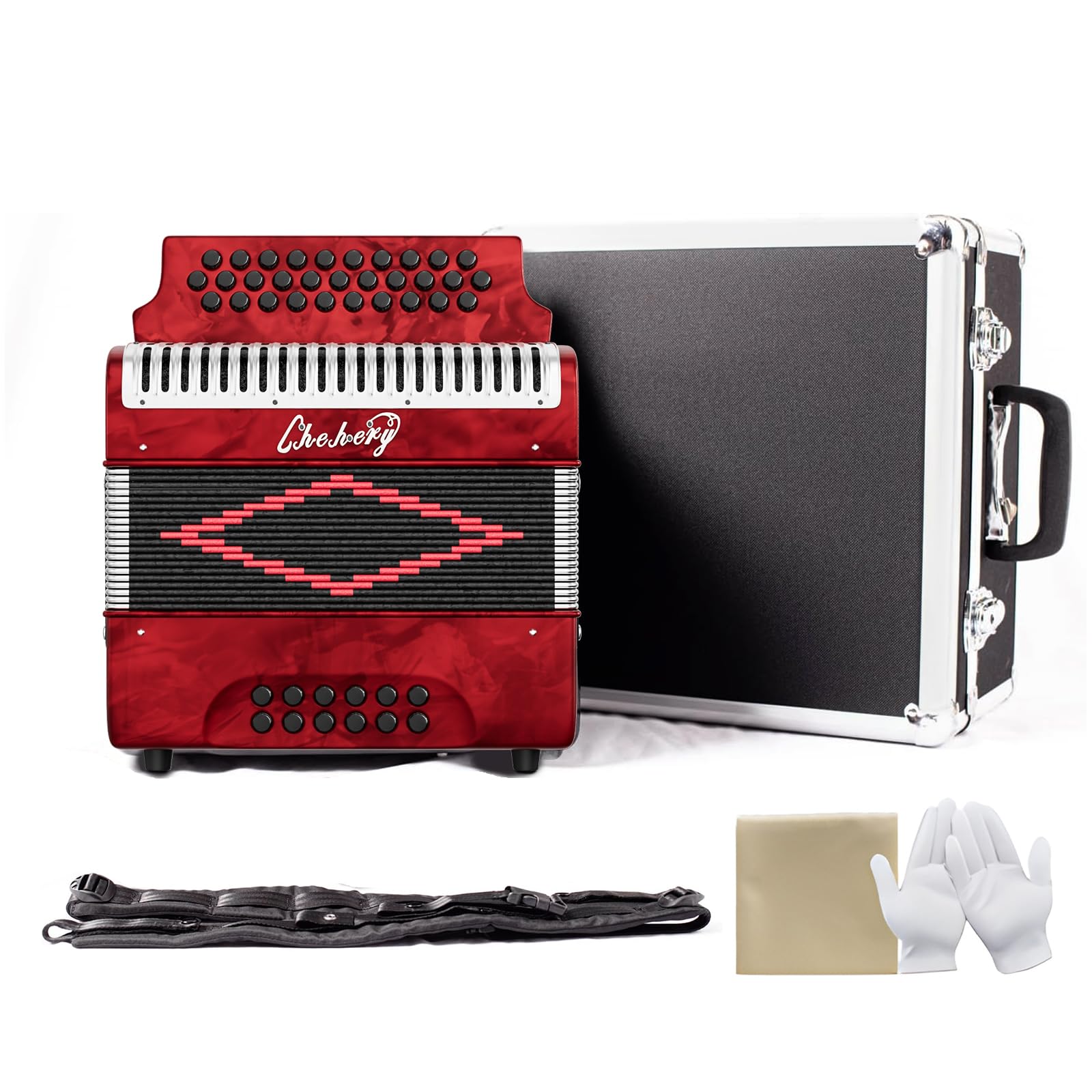 31-Key Diatonic Accordion, 12 Bass, G/C/F, Accordion Instruments for Adults With Suitcase, Cleaning Cloth, Straps and Gloves (Red)