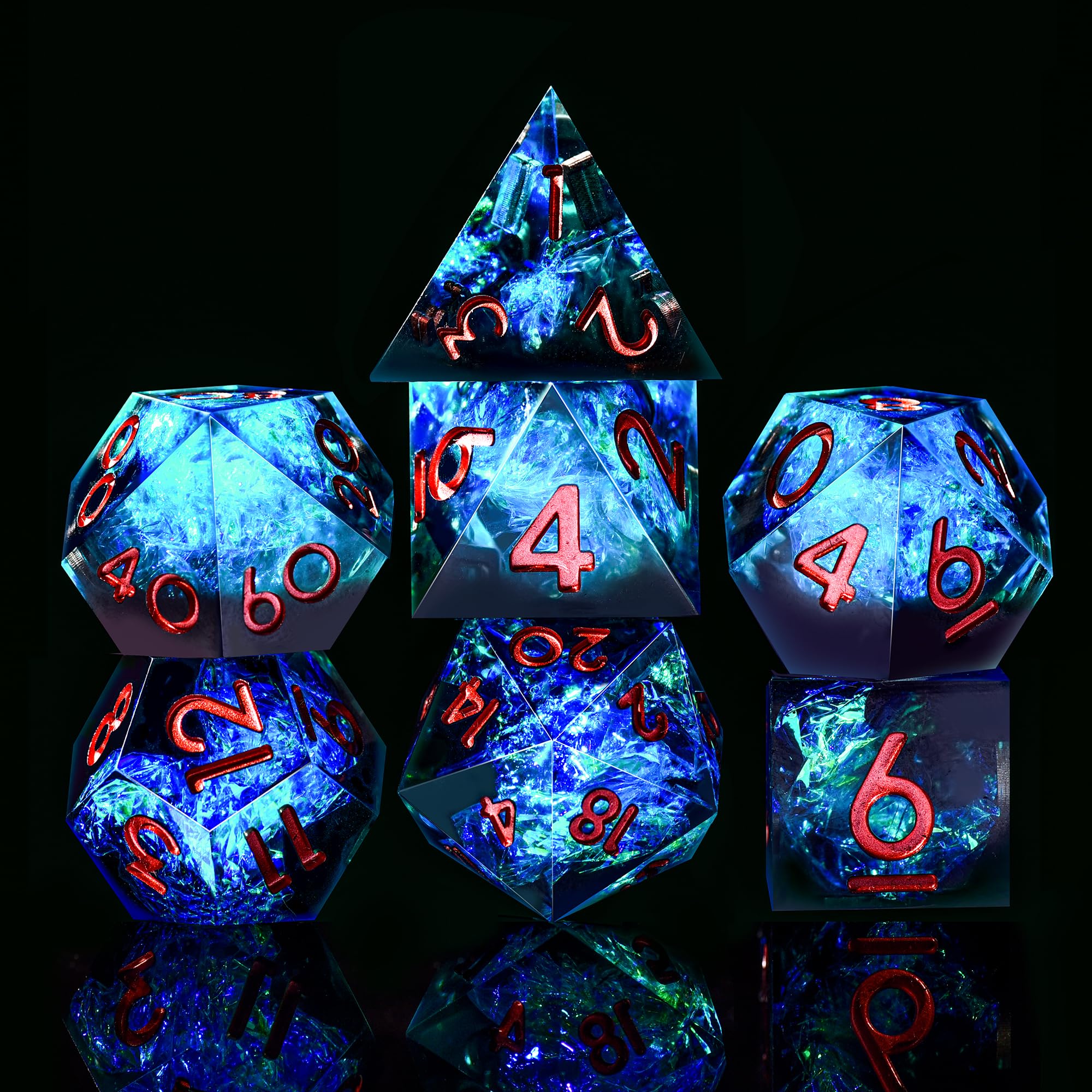 AUSTOR 7-Die DND Dice Set, Handmade Sharp Edge Polyhedral Dice for Dungeons and Dragons RPG MTG Table Games（Black & Blue）