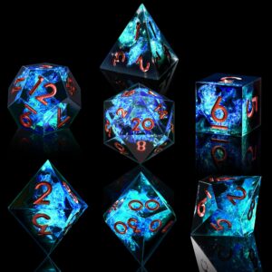 AUSTOR 7-Die DND Dice Set, Handmade Sharp Edge Polyhedral Dice for Dungeons and Dragons RPG MTG Table Games（Black & Blue）