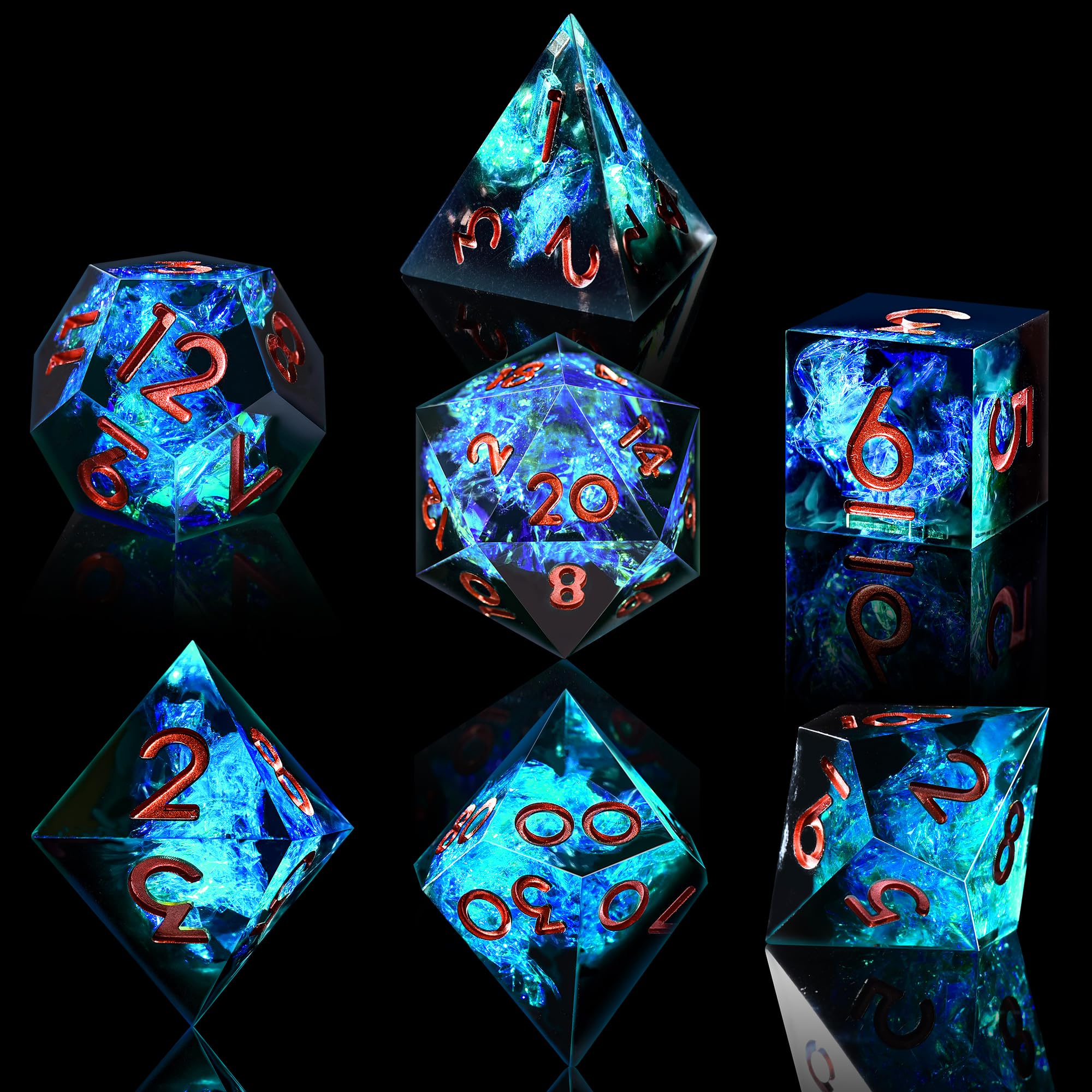 AUSTOR 7-Die DND Dice Set, Handmade Sharp Edge Polyhedral Dice for Dungeons and Dragons RPG MTG Table Games（Black & Blue）