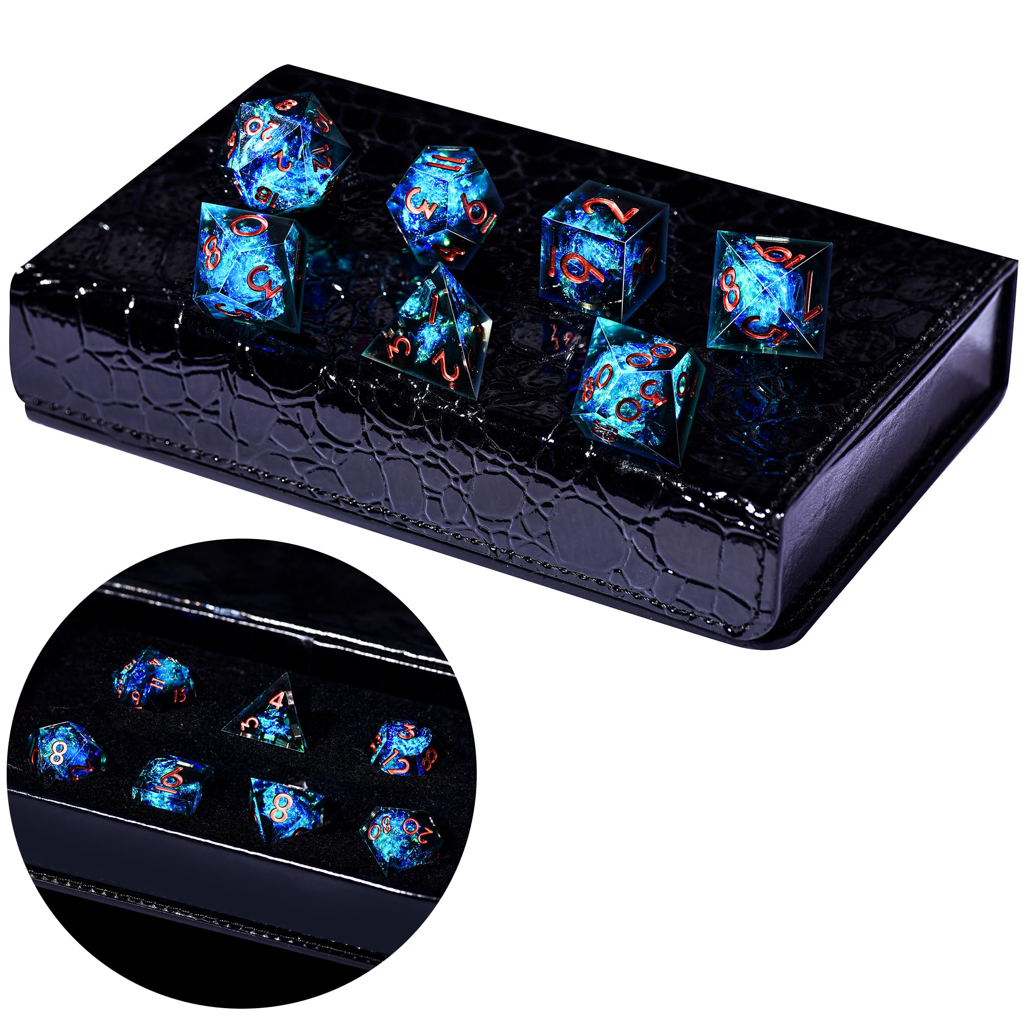 AUSTOR 7-Die DND Dice Set, Handmade Sharp Edge Polyhedral Dice for Dungeons and Dragons RPG MTG Table Games（Black & Blue）