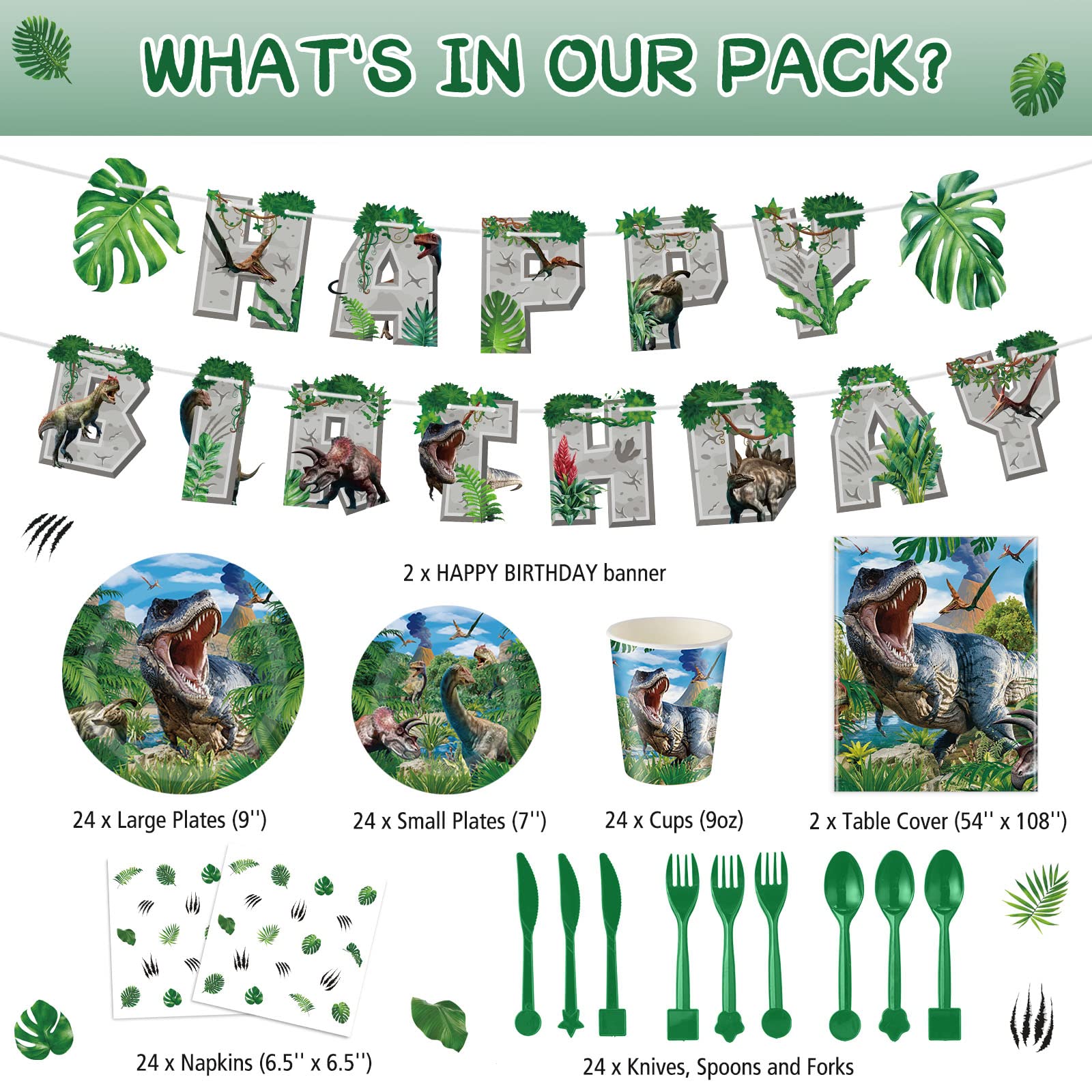 Tatuo 172 Pcs Dinosaur Birthday Party Supplies Dinosaur Theme Party Decoration Set Serve 24 Guests Include Tablecloth Tableware Plate Napkin Cup Happy Birthday Banner for Kids Party Decoration