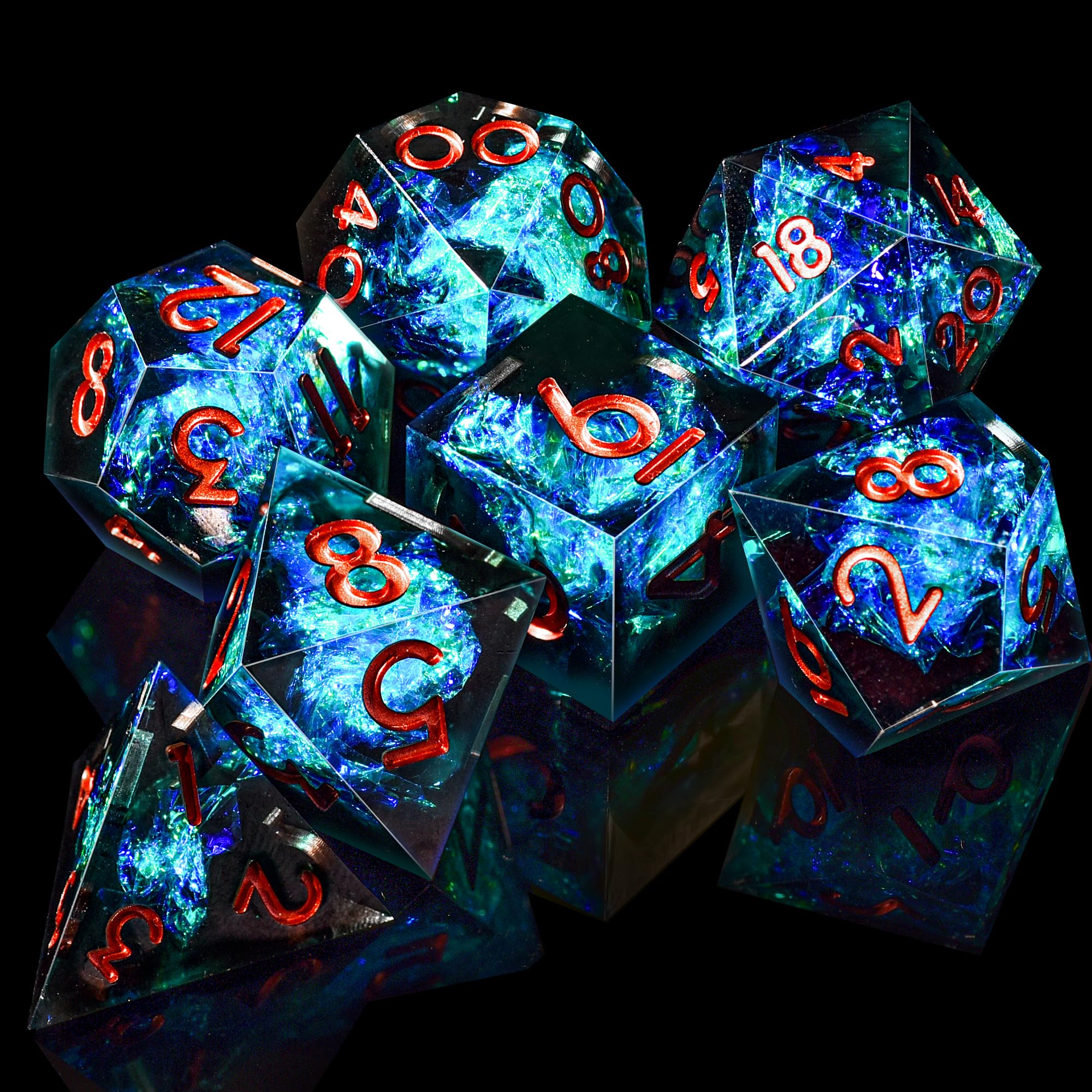 AUSTOR 7-Die DND Dice Set, Handmade Sharp Edge Polyhedral Dice for Dungeons and Dragons RPG MTG Table Games（Black & Blue）