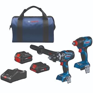 bosch gxl18v-260b26 18v 2-tool combo kit with 1/2 in. hammer drill/driver, 1/4 in. and 1/2 in. two-in-one bit/socket impact driver, (1) core18v 8 ah battery and (1) core18v 4 ah battery