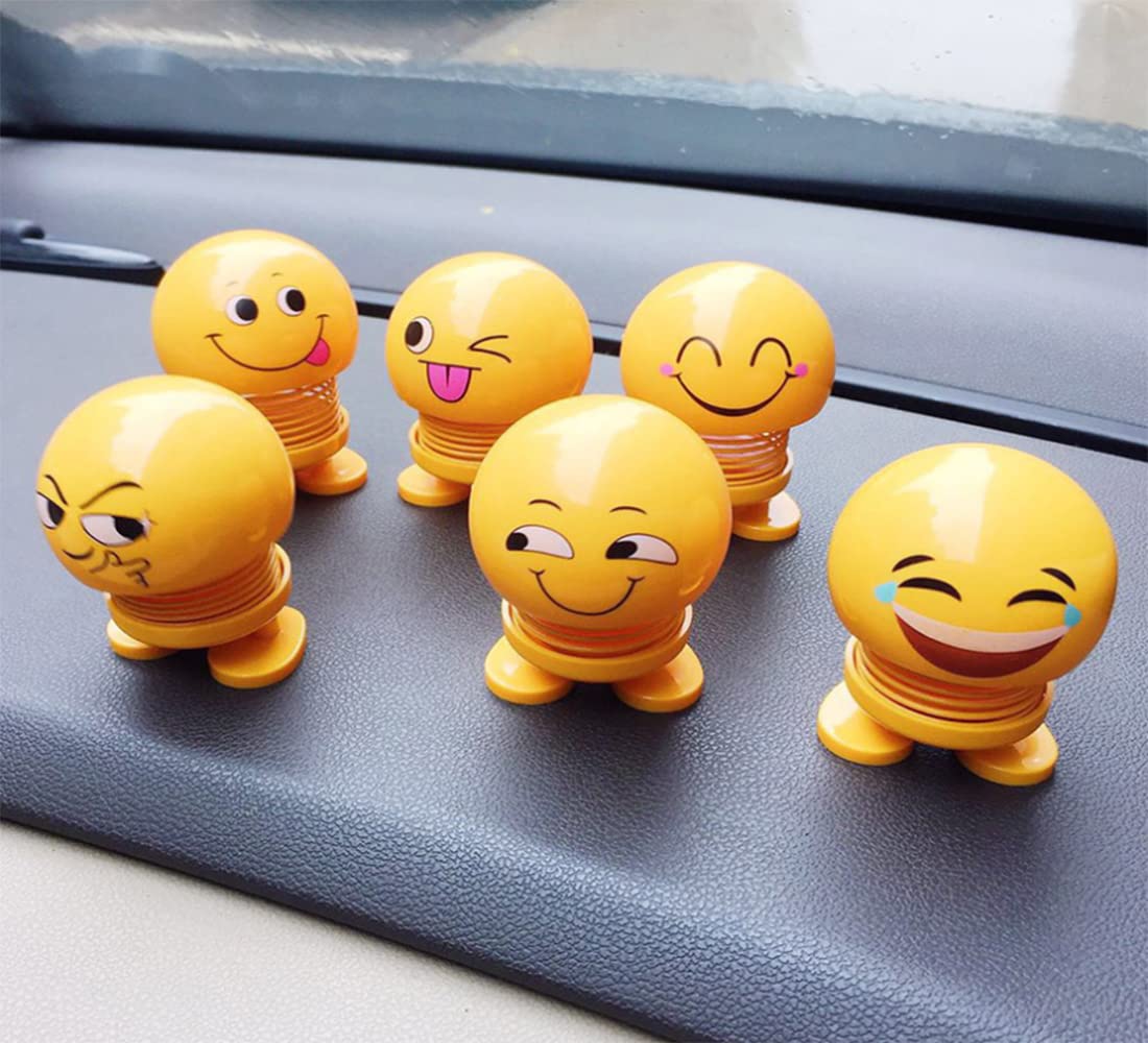 6PCS Smiley Face Emoticon Doll Bobble Head Car Ornament Car Bobble Head Small Jewelry Home Office Cute Smiley Face Emoticon Ornament Decorations Soothe Emotions Release Stress