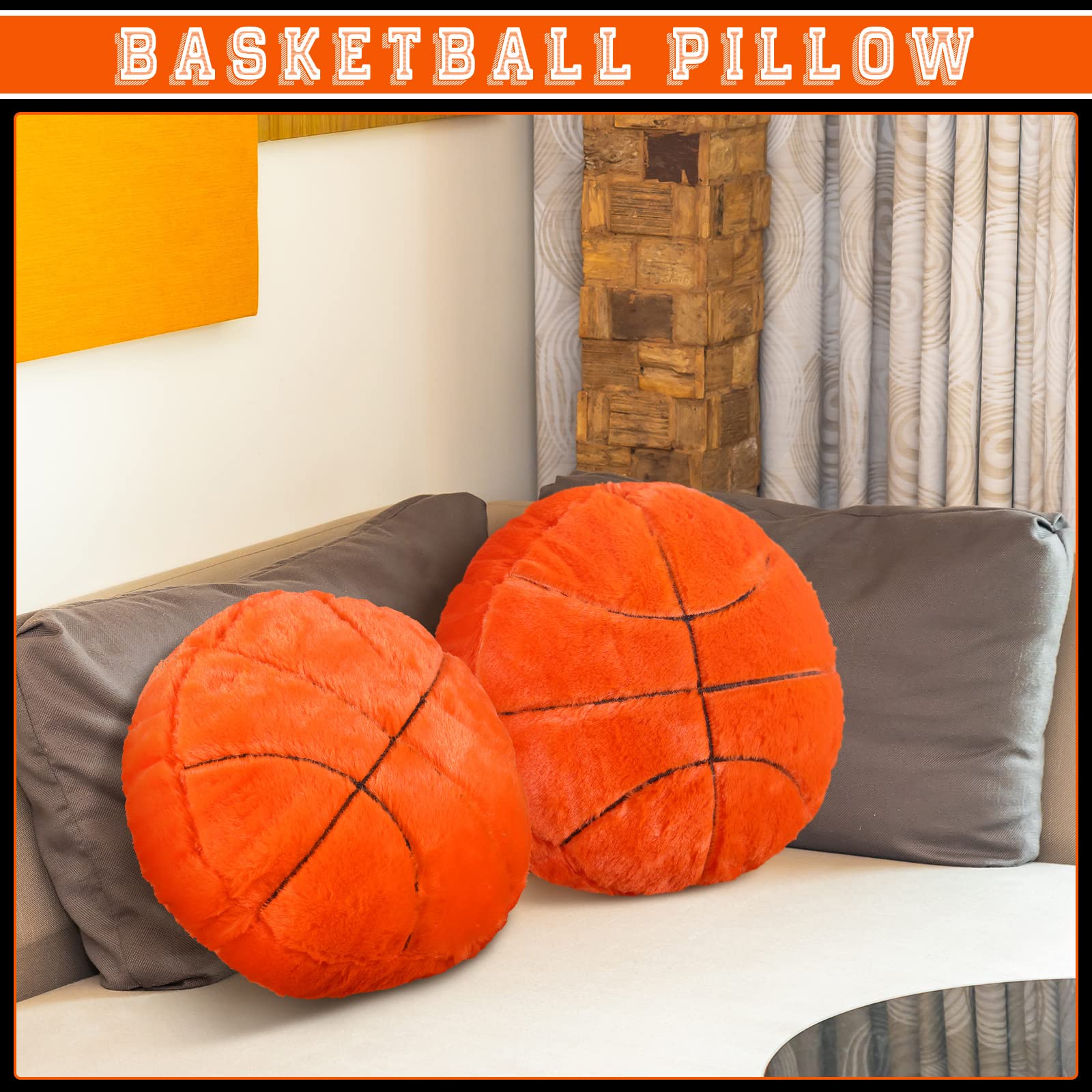 Gerrii 4 Pcs Basketball Softball Football Soccer Volleyball Tennis Pillow Sports Pillow Fluffy Plush Stuffed Throw Pillow Sport Theme Cushion Plush Stuffed Pillow Gift for Decor (Basketball)