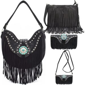 western style fringe leather concealed carry purse country handbag women shoulder bag crossbody wallet set black