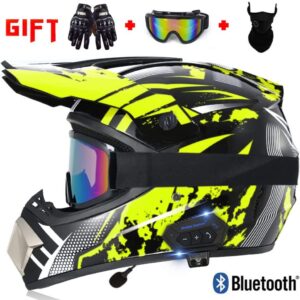 Youth Kids DOT Certified Bluetooth Motorcycle Full Face Helmet ATV Motocross Street Dirt Bike Racing Crash Helmet Sport Offroad Mountain Helmet+Gloves+Goggles+Mask -C-Large