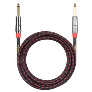 clef audio labs instrument guitar cable, 15ft - 1/4 inch ts straight to straight electric bass guitar amp cord, 22awg, chrome zinc alloy shell, red braided jacket