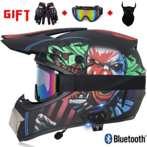 DOT Certified Offroad Bluetooth Motorcycle Full Face Helmet for Youth Kids ATV Street Dirt Bike Motocross Racing Crash Helmet Sport Mountain Helmet (Gloves Goggles Mask) 4Pcs Set -D-Large