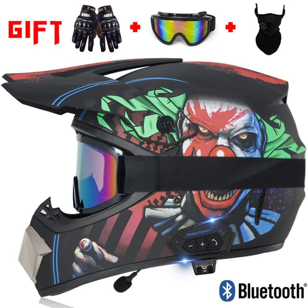 DOT Certified Offroad Bluetooth Motorcycle Full Face Helmet for Youth Kids ATV Street Dirt Bike Motocross Racing Crash Helmet Sport Mountain Helmet (Gloves Goggles Mask) 4Pcs Set -D-Large