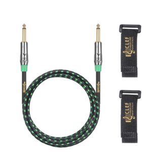 clef audio labs guitar cable, 20ft - 1/4 inch ts straight to straight, acoustic electric bass guitar amp cord, 22awg, chrome zinc alloy shell, green braided jacket