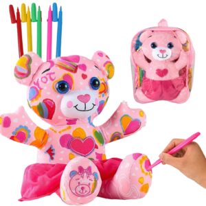 drawmytoy coloring plush toy with 5 washable markers for little girls doodle dolls for kids ages 4-6 birthday (pink bear)