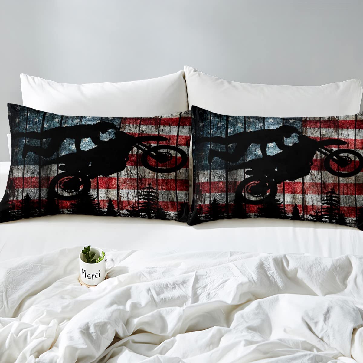 Homewish American Flag Duvet Cover Set Queen Size Boys Dirt Bike Racing Motocross Rider Rustic Farmhouse Wooden Comforter Retro Black Pine Tree Silhouette Quilt 3pcs, 90''x90'', (ZZRS261ZMD-TJ_USq)