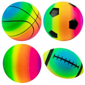 homotte rainbow sports balls pack of 4, 1 each of 8.5" football, basketball, soccer and volleyball for playground, inflatable multi-sport ball set with 1 pump for kids outdoor activities