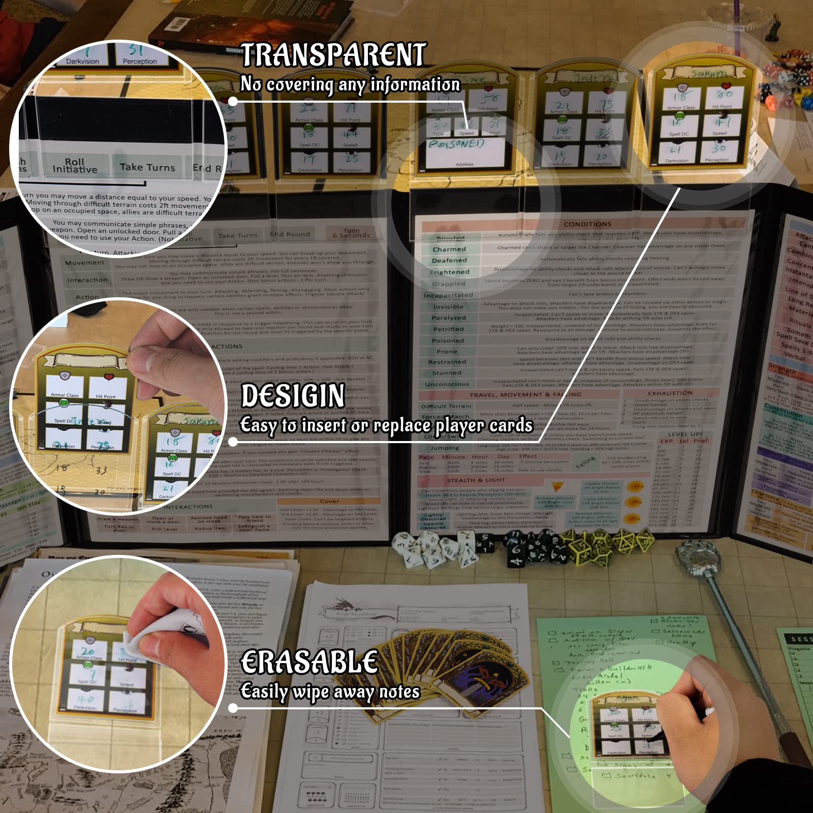 DND Initiative & Combat Tracker Set of 6PCS Erasable Acrylic Top on Screen with Character, Monster Insert Cards DM Tools, Accessories for Dungeons and Dragons, Pathfinder, TTRPGs