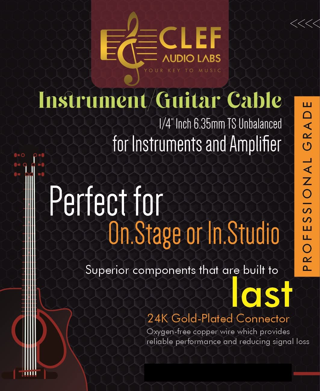 Clef Audio Labs Guitar Patch Cable, 6 inch - 1/4 inch TS Right Angled Guitar Pedal Effects Instrument Cord, 22AWG, Chrome Zinc Alloy Shell, PVC Jacket - 3-Pack