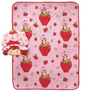 strawberry shortcake pink strawberries galore nogginz set - 40 x 50 inch blanket & pillow, kids super soft 2 piece set