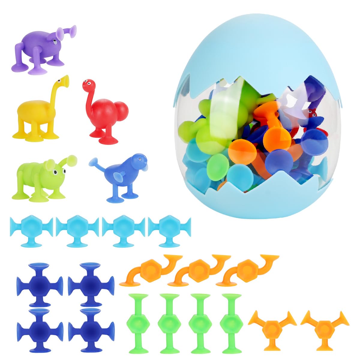 Suction Cup Toys 27 PCS Silicone Suction Bath Toys Travel Toys Window Toy for Kids Ages 3-8 Boys Girls Sensory Toys with Dinosaur Eggshell Storage