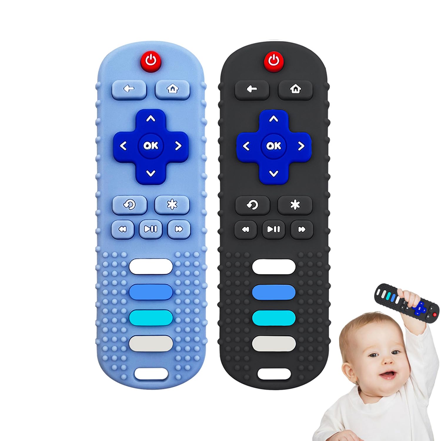 YAPROM 2Pcs Silicone Teething Toys, TV Remote Teether Toys for Baby Remote Teething Toys, Silicone Toy Remote for Infant&Toddler Boys Girls BPA Free/Refrigerator Safe