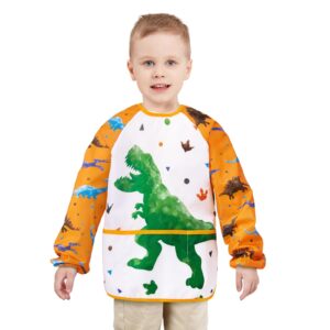 dinosaur art smock - kids aprons for boys ages 3-8 waterproof toddler art smock painting toddler apron for girls with long sleeve 3 pockets toddlers painting eating cooking baking gardening apron