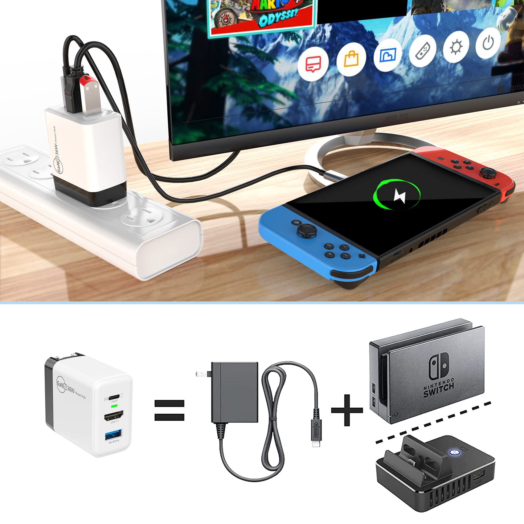 Portable Switch Dock/for iPhone 15 Charger,ShuOne USB C to HDMI Adapter, for Nintendo Switch/OLED with 4K@60Hz HDMI/USB2.0/PD Fast Charging Ports,USB C to USB C Cable Included,Support Netflix,YouTube