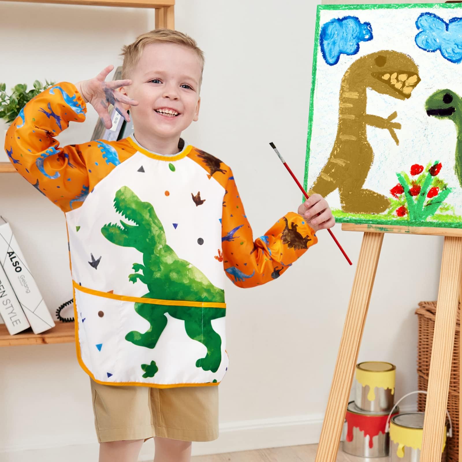 Dinosaur Art Smock - Kids Aprons for Boys ages 3-8 Waterproof Toddler Art Smock Painting Toddler Apron for Girls with Long Sleeve 3 Pockets Toddlers Painting Eating Cooking Baking Gardening Apron