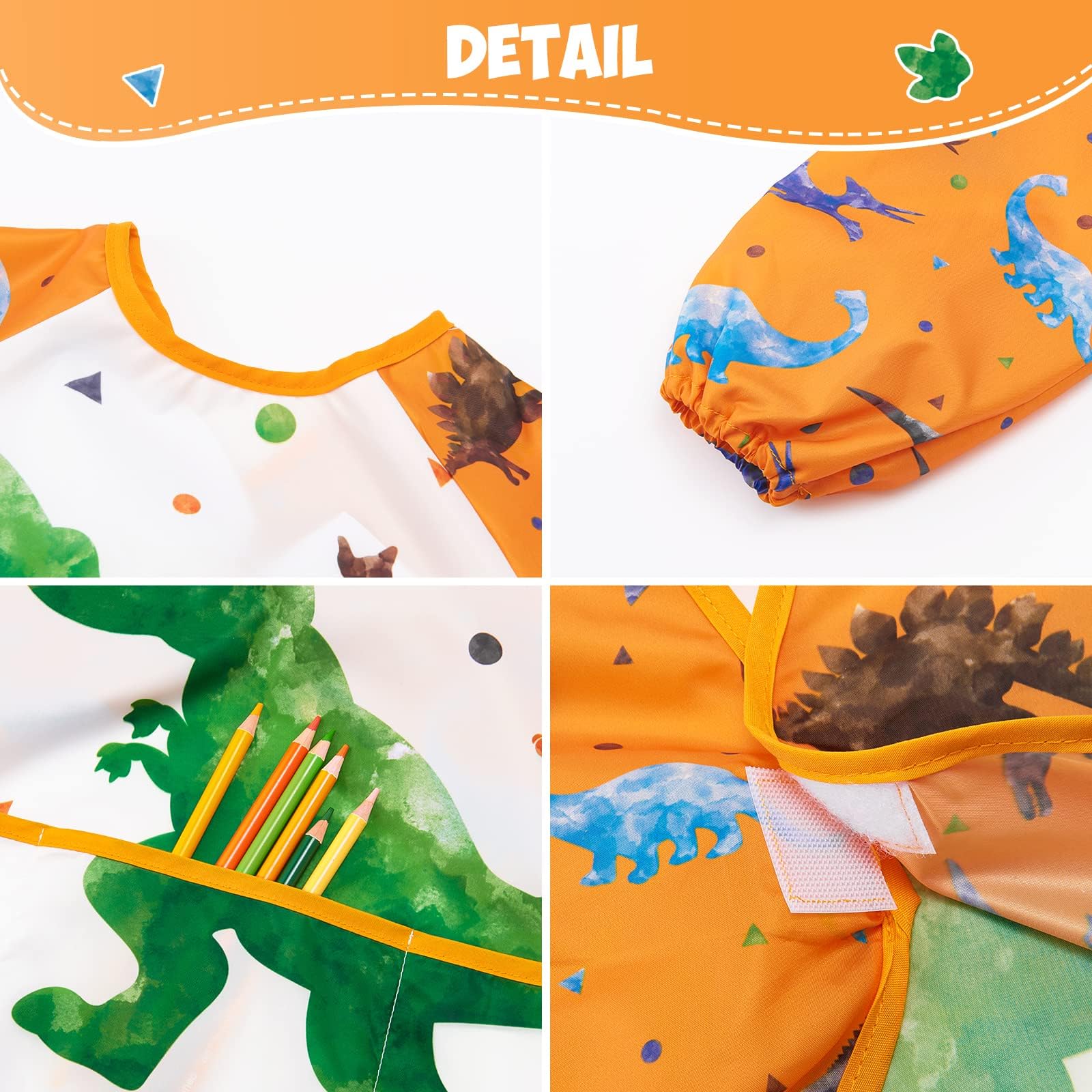 Dinosaur Art Smock - Kids Aprons for Boys ages 3-8 Waterproof Toddler Art Smock Painting Toddler Apron for Girls with Long Sleeve 3 Pockets Toddlers Painting Eating Cooking Baking Gardening Apron