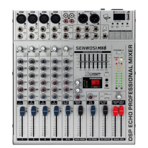 senwosi 6-channel all-metal panel audio mixer, bt usb pc recording input, 16 dsp effects, stereo equalizer,48v power supply,4 mono 2 stereo input, studio or live (mx-6)