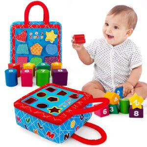 teytoy shape sorter toys with 2-sided activity bag and 8 textured shape blocks develop sensory fine motor skills game child development preschool baby toy for 6-12 months and older