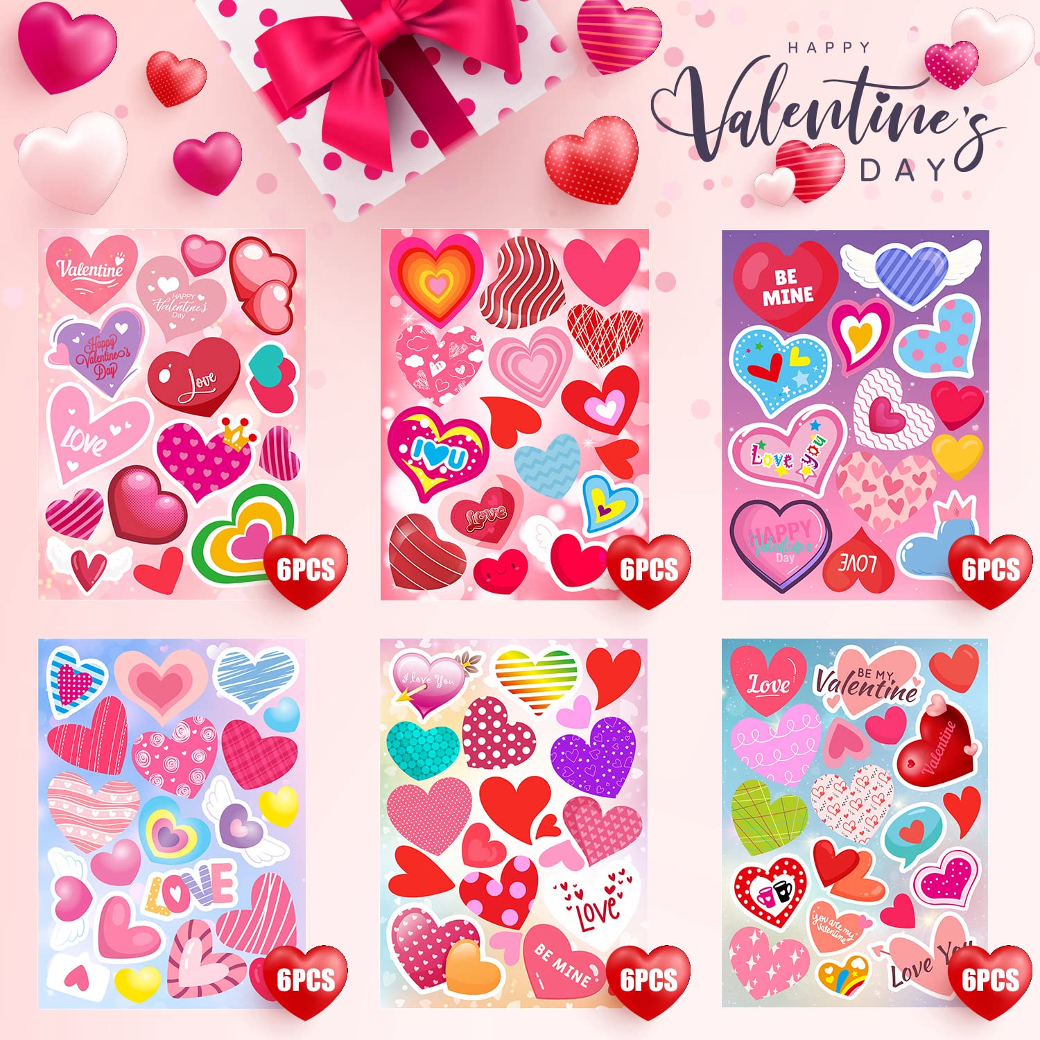 36 Sheets Heart Stickers, Valentine Stickers, Valentines Day Stickers for Kids Cards Craft Scrapbooking, Party Favors Gifts Weddings Anniversaries Decoration