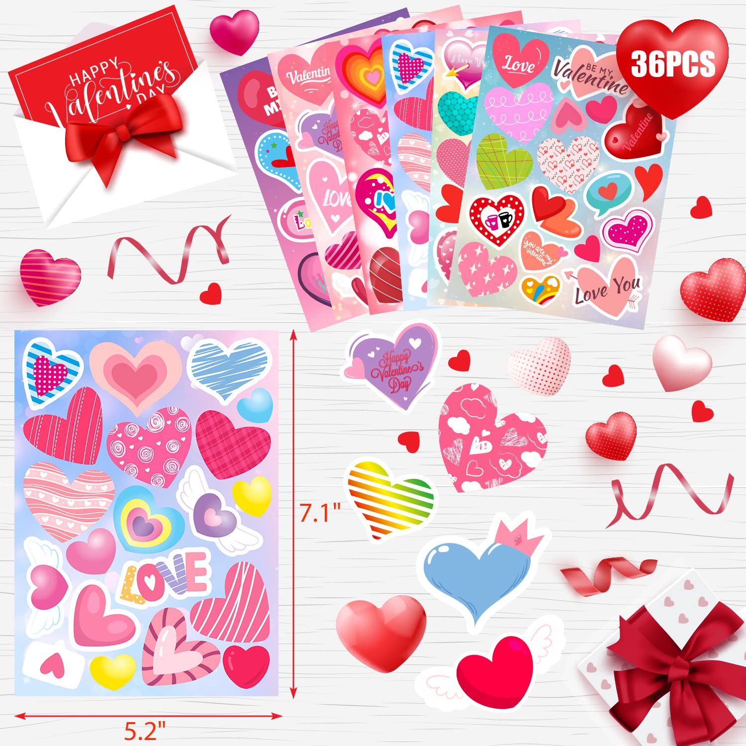 36 Sheets Heart Stickers, Valentine Stickers, Valentines Day Stickers for Kids Cards Craft Scrapbooking, Party Favors Gifts Weddings Anniversaries Decoration