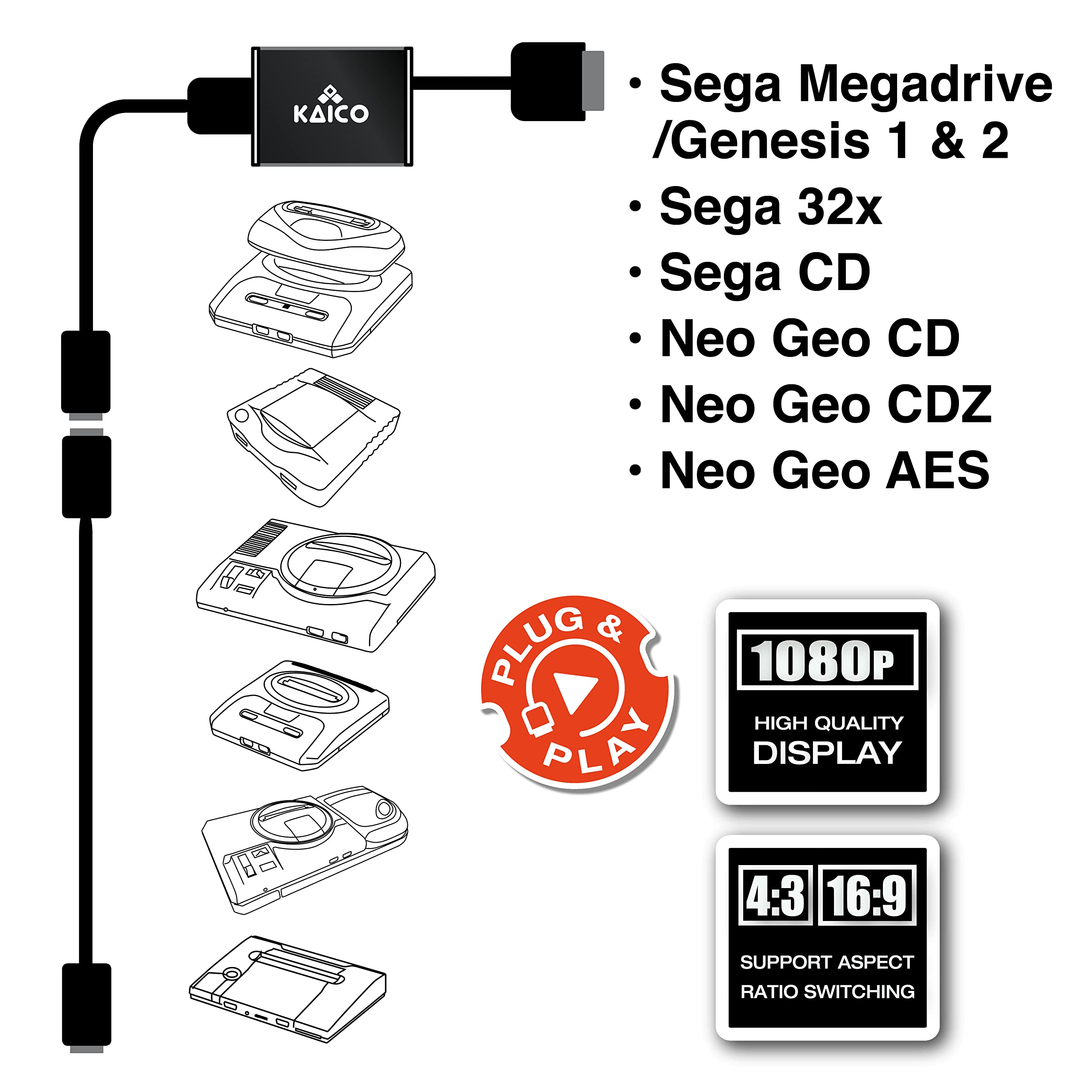 Kaico SEGA Genesis 1080p HDMI Adapter - for use with Sega Megadrive - Supports S Video Output – Supports PAL and NTSC Consoles – Aspect Ratio Switch for 16:9 or 4:3