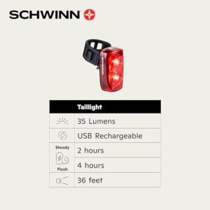 Schwinn Rechargeable Bike Tail Light, 80 Lumens, Enhanced 24/7 Visibility, Type-C USB, 36 Foot Beam Distance, Bicycle Accessory