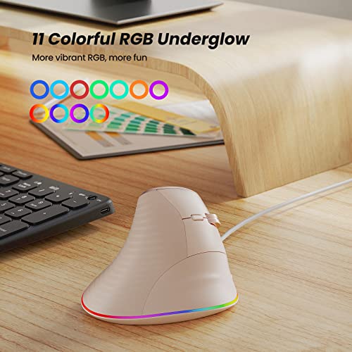 Nulea M504 Wired Vertical Mouse, USB Ergonomic Optical Mouse with 4 Adjustable DPI, 11 RGB Backlight Modes, Compatible for Laptop, PC, Desktop, Mac, Pink