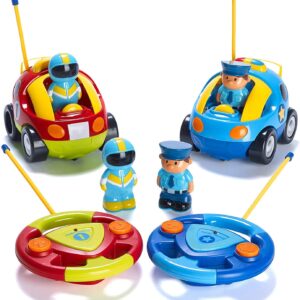 PREXTEX 2 Pack Cartoon Remote Control Cars - Police Car and Race Car and Five Small Plush Christmas Stuffed Animal House - Penguin Toy, Polar Bear Plush, Whale, Narwhal, Walrus, Toy Igloo