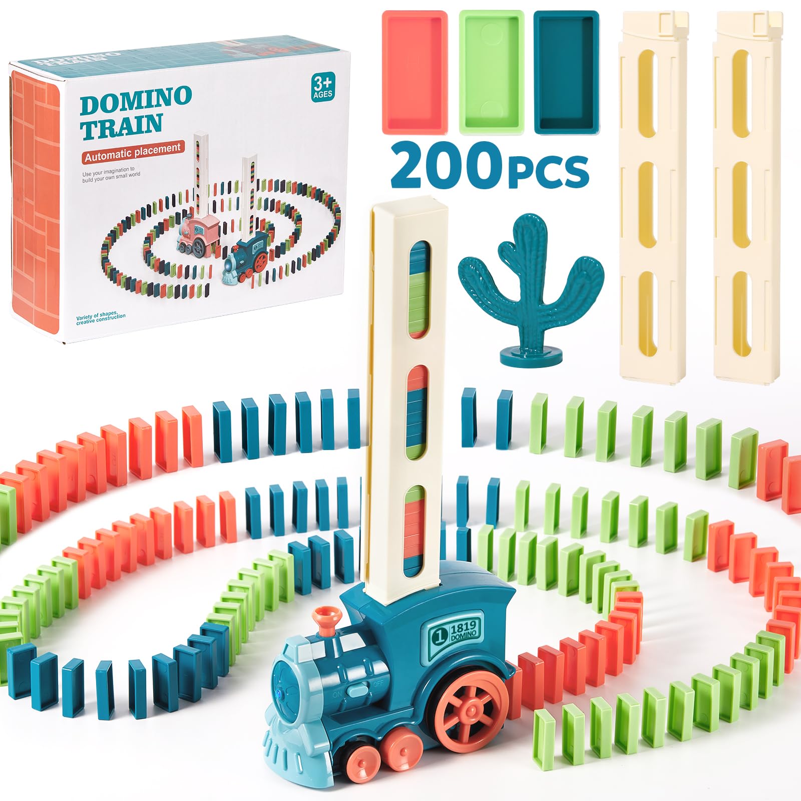 BAIWER 200 PCS Domino Train Toy Set, Automatic Dominos Train for Kids Boys Girls, Electric Dominoes Machine Train Toy Set with Sound Light, Birthday Gifts for Kids Family Games Dominos Dominoes